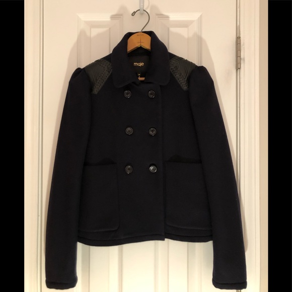 Maje | Jackets & Coats | Maje Gabrielle Navy Pea Coat With Leather Trim ...